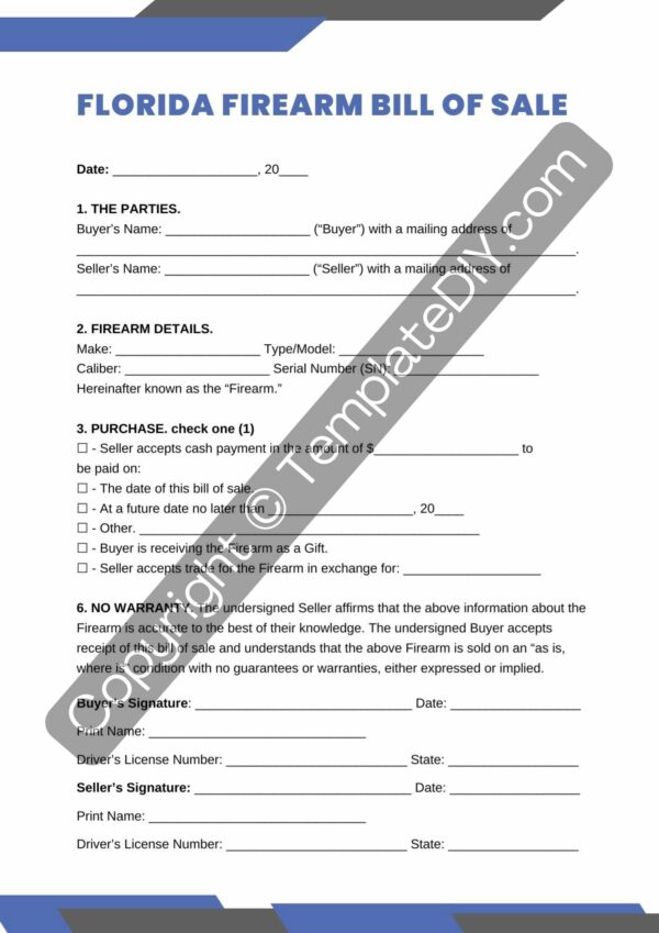 Firearm Bill of Sale Florida [FL] Form Template PDF, Word
