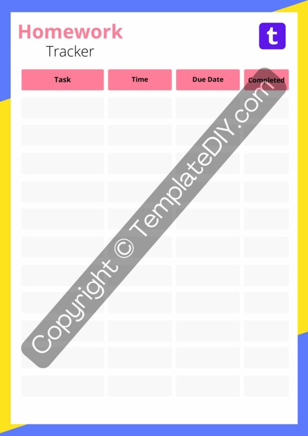 Homework Tracker Template Blank Printable PDF, Word, Excel