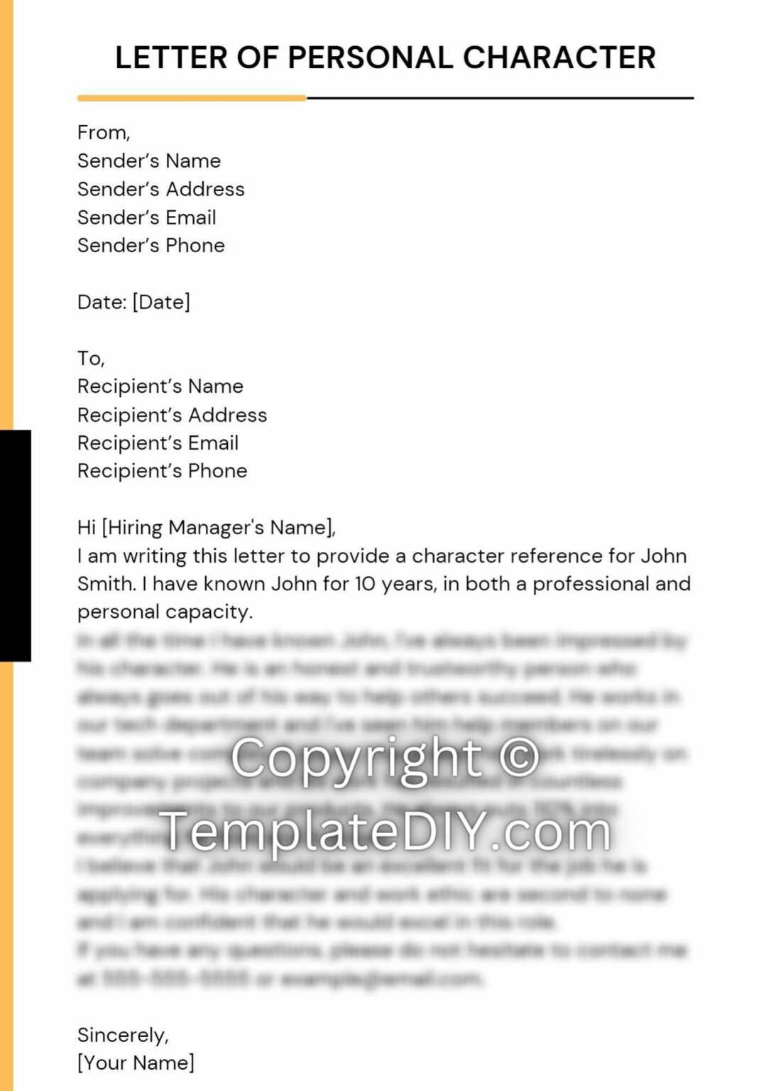 Letter of Personal Character Sample with Examples [Word]