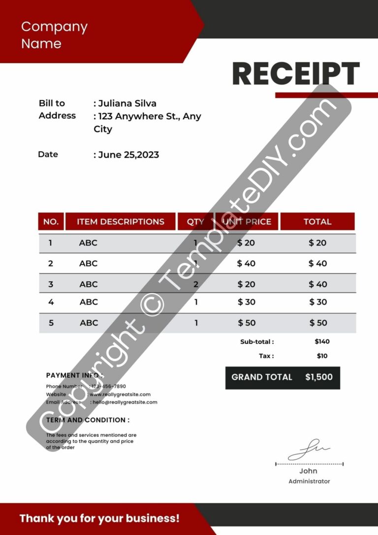 Modern Receipt Template Blank Printable PDF, Excel, Word