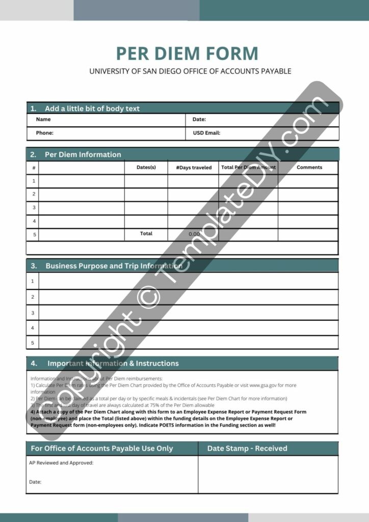Per Diem Receipt Template Printable Blank PDF, Word, Excel