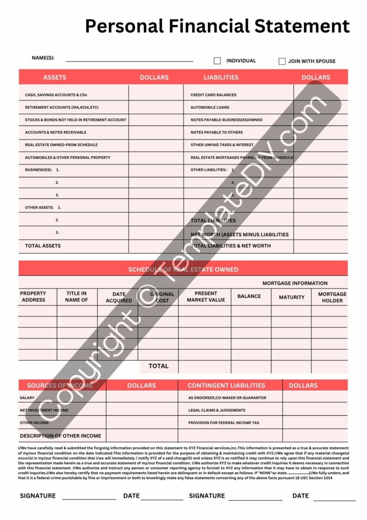Personal Financial Statement Template in PDF, Word, Excel