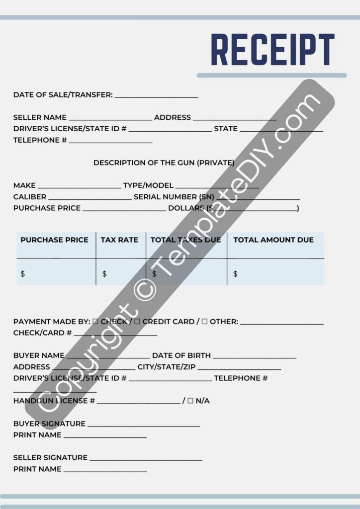 Private Gun Sale Receipt Template Printable PDF, Word