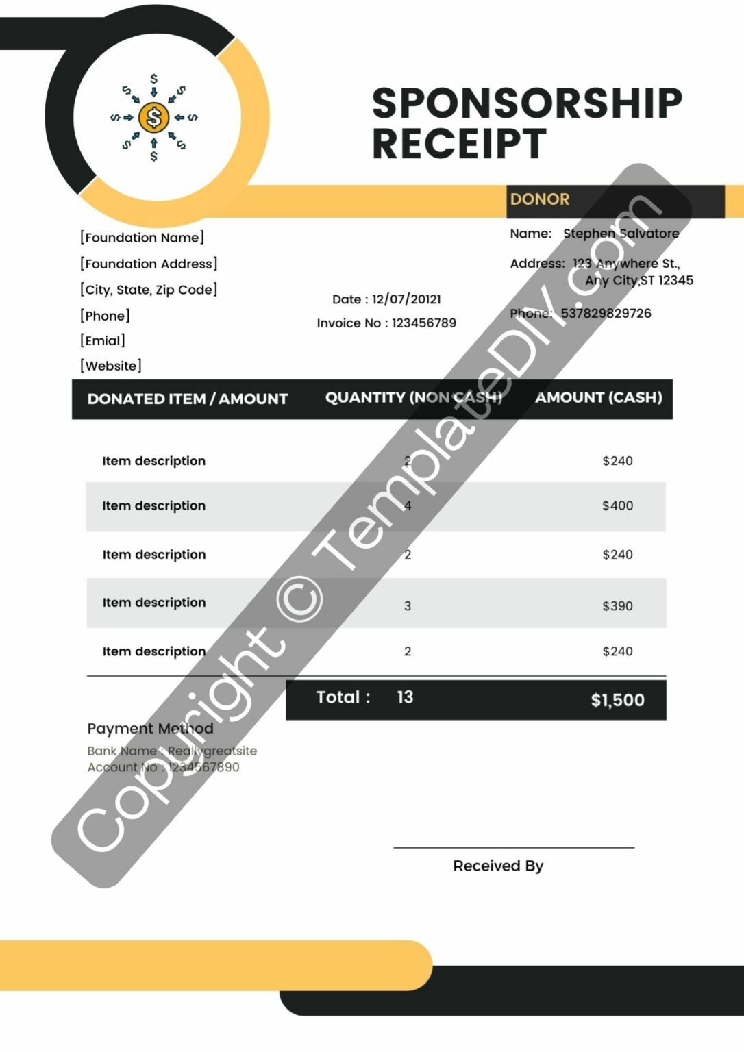 Sponsorship Receipt Template Printable PDF, Excel, Word