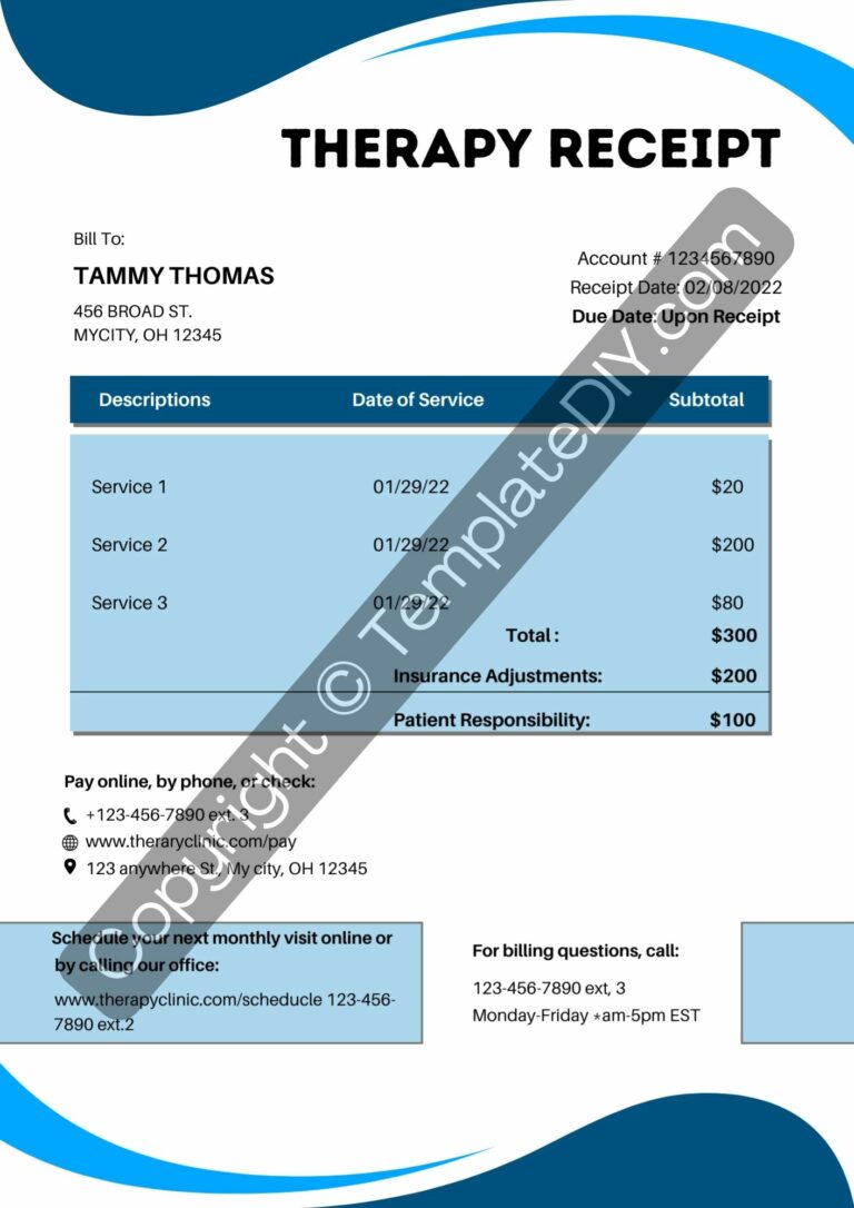 Therapy Receipt Template Printable in PDF, Excel, Word