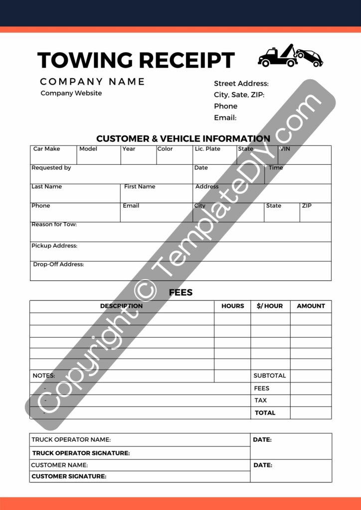 Tow Receipt Template Blank Printable in Pdf, Excel, Word