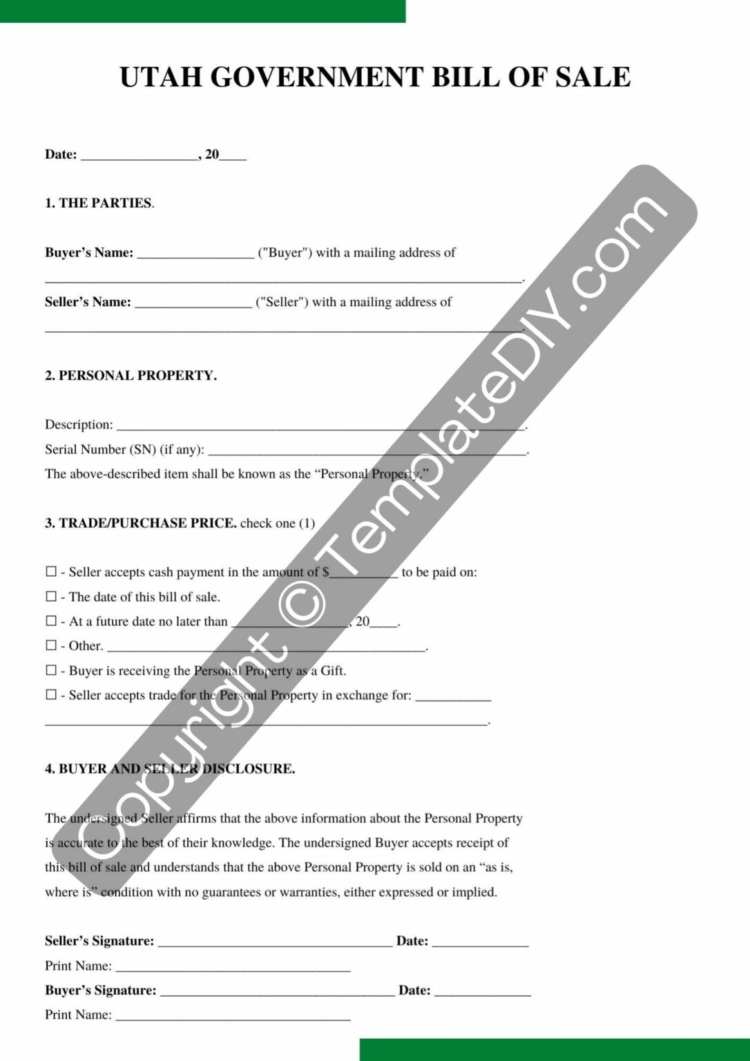 Utah Gov Bill of Sale Form Template Printable PDF, Word