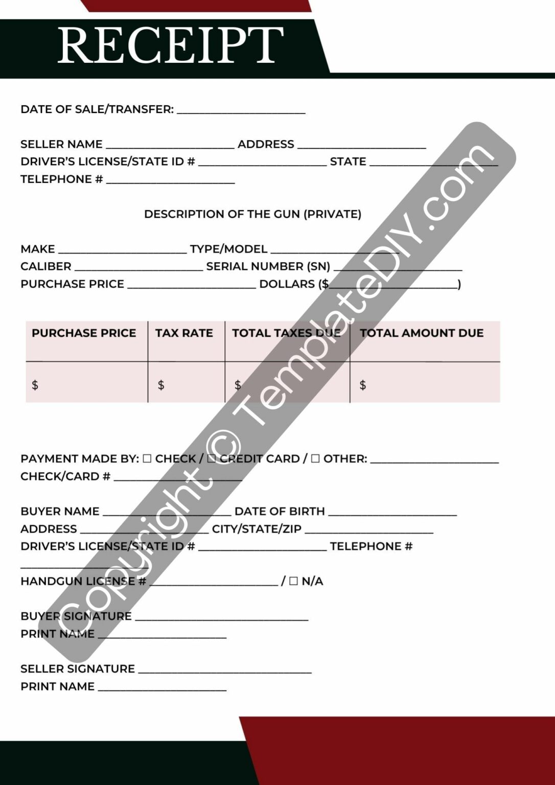 Private Gun Sale Receipt Template Printable PDF, Word