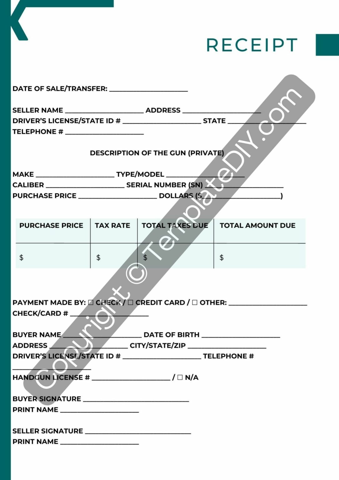 Private Gun Sale Receipt Template Printable PDF, Word