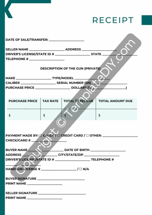 Private Gun Sale Receipt Template Printable PDF, Word