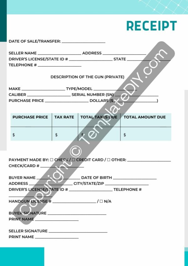 Private Gun Sale Receipt Template Printable PDF, Word