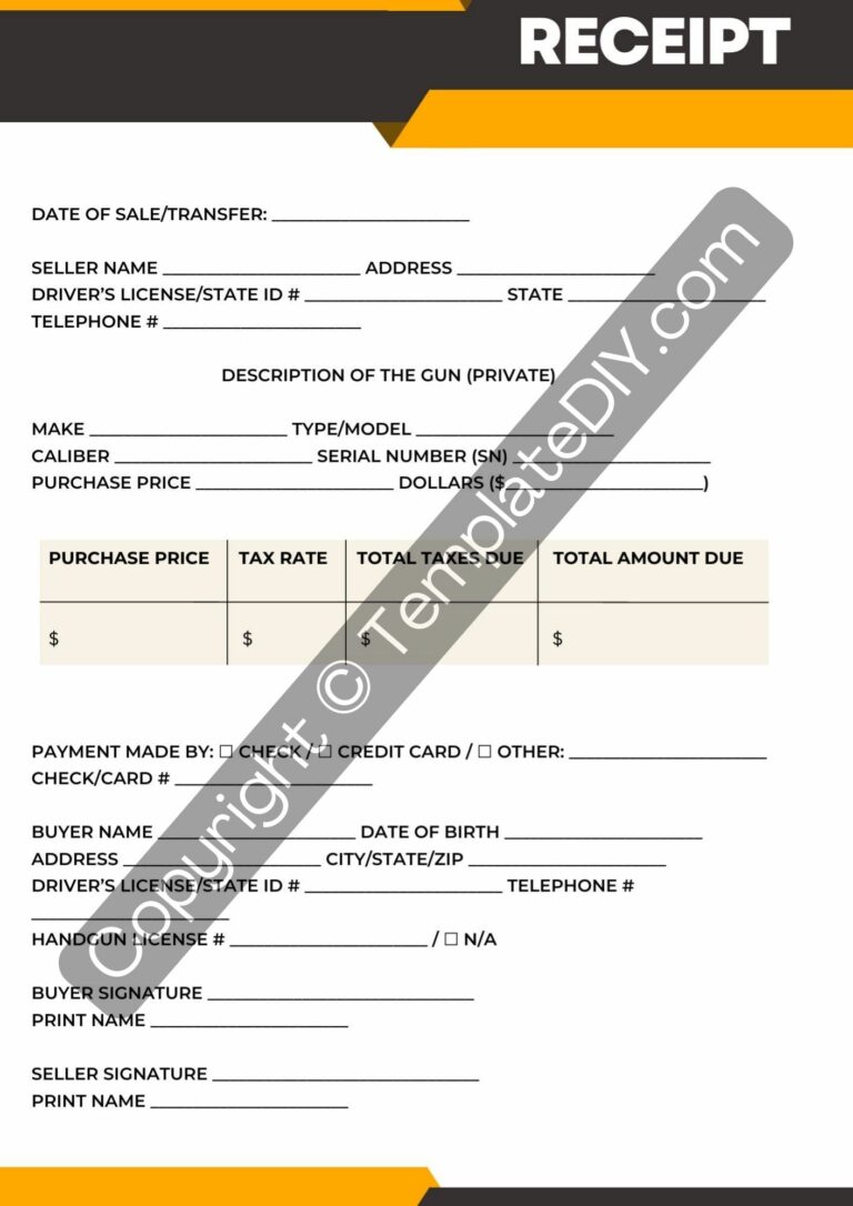Private Gun Sale Receipt Template Printable PDF, Word