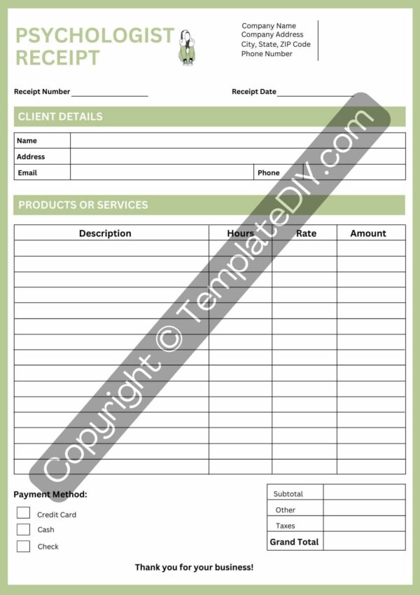 Psychologist Receipt Template Printable PDF, Excel, Word