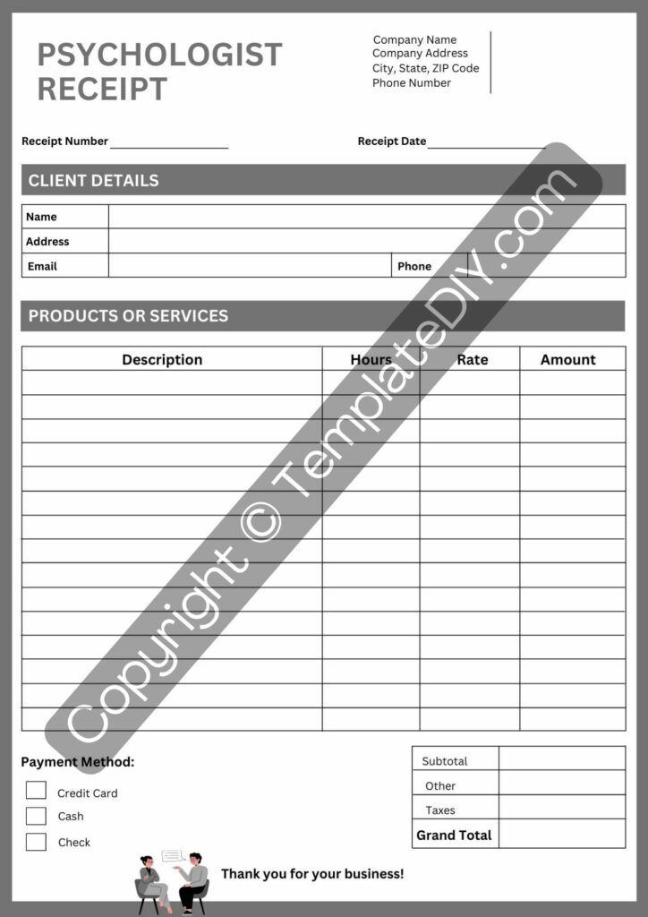 Psychologist Receipt Template Printable PDF, Excel, Word