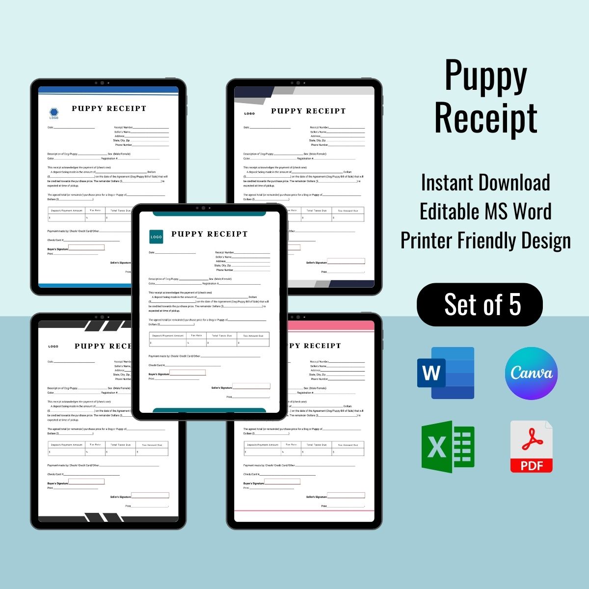 Puppy Receipt Template Printable Blank PDF, Word, Excel