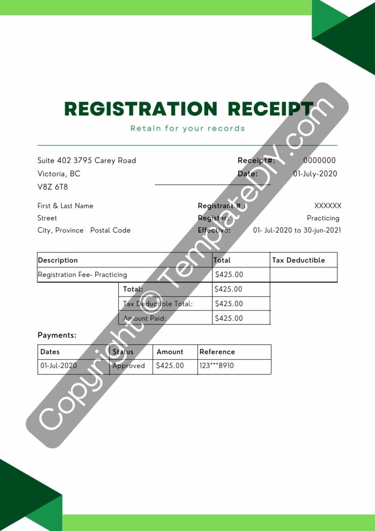 Registration Receipt Template Printable Pdf, Excel, Word