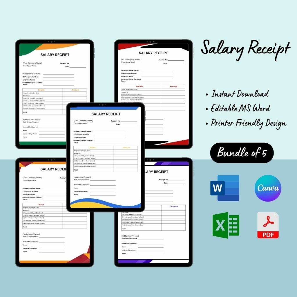 Salary Receipt Template – Printable & Editable PDF, Word, Excel