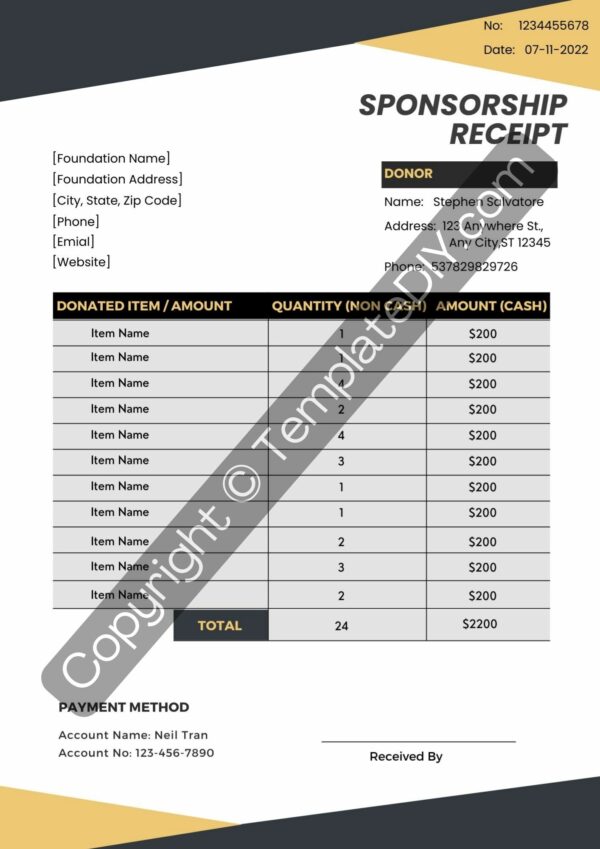 Sponsorship Receipt Template Printable PDF, Excel, Word