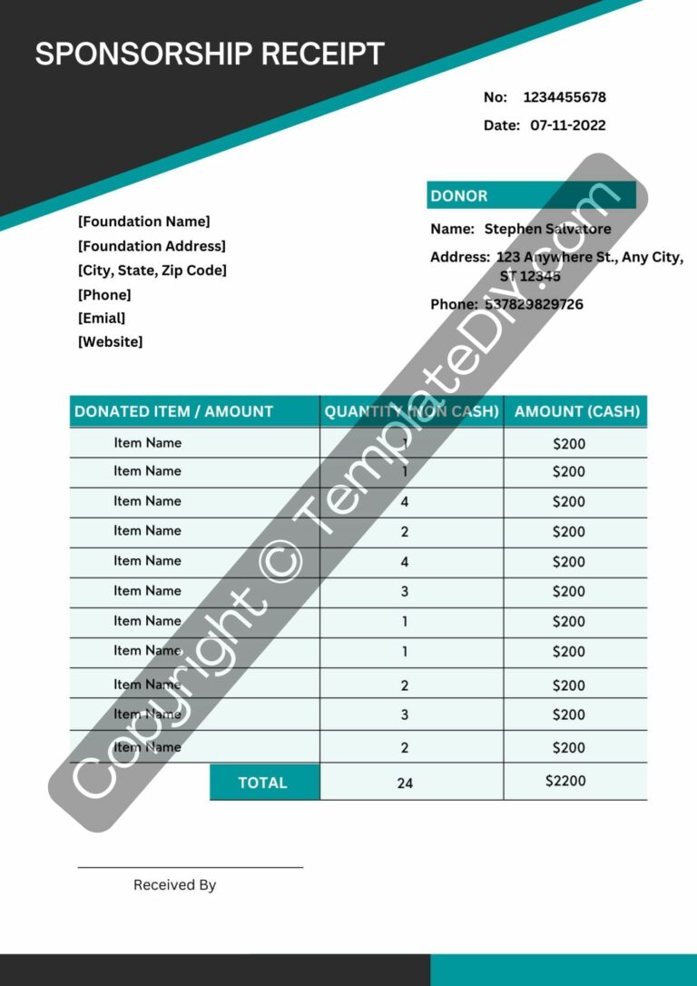Sponsorship Receipt Template Printable PDF, Excel, Word