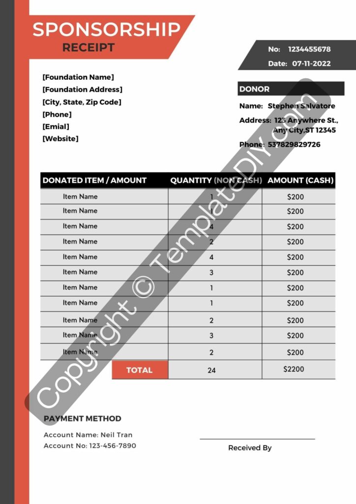 Sponsorship Receipt Template Printable PDF, Excel, Word