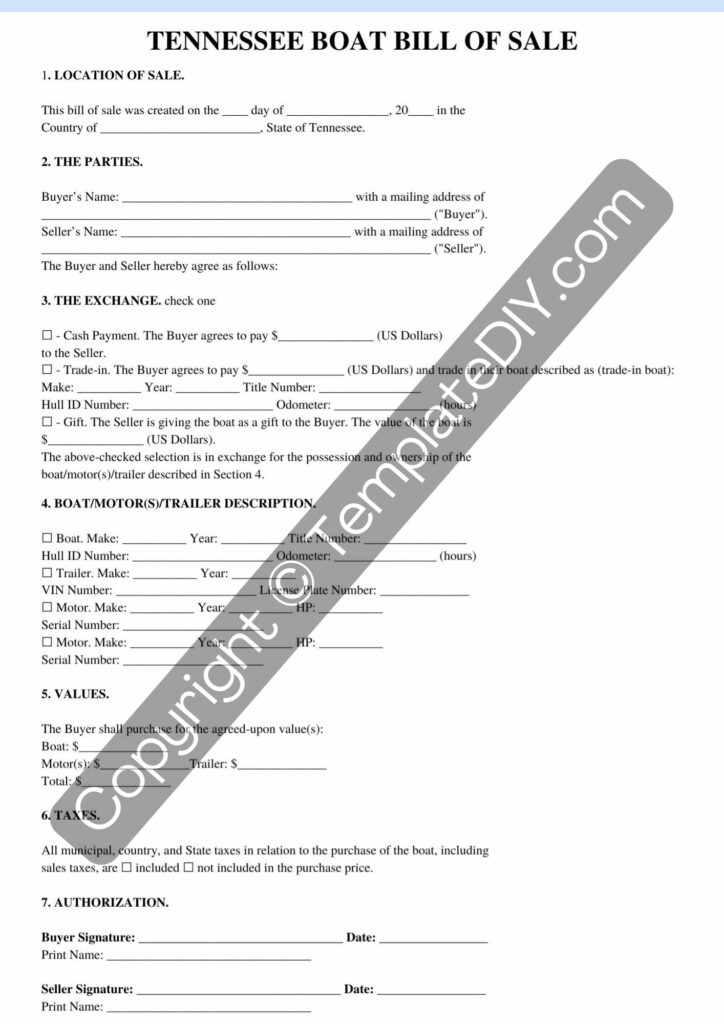 Tennessee Boat Bill of Sale Form Template PDF, Word