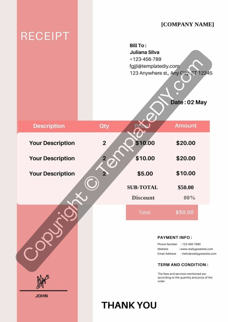Thank You Receipt Template Blank Printable PDF, Excel, Word