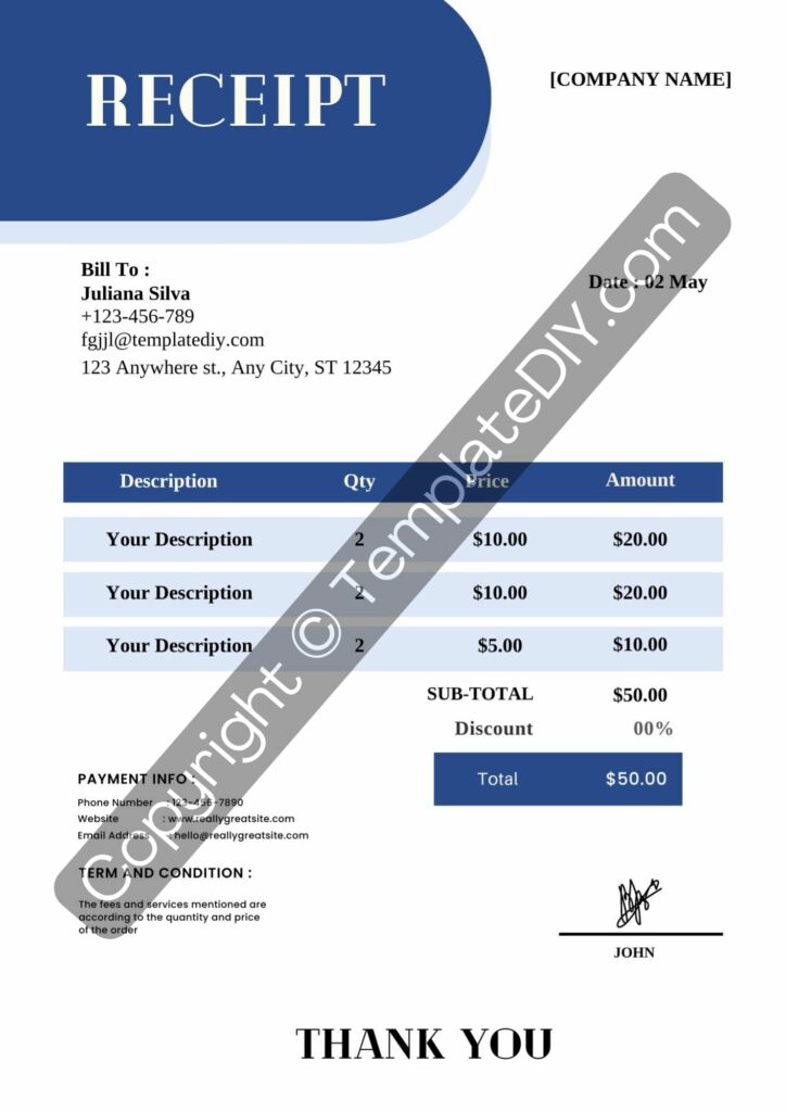 Thank You Receipt Template Blank Printable PDF, Excel, Word