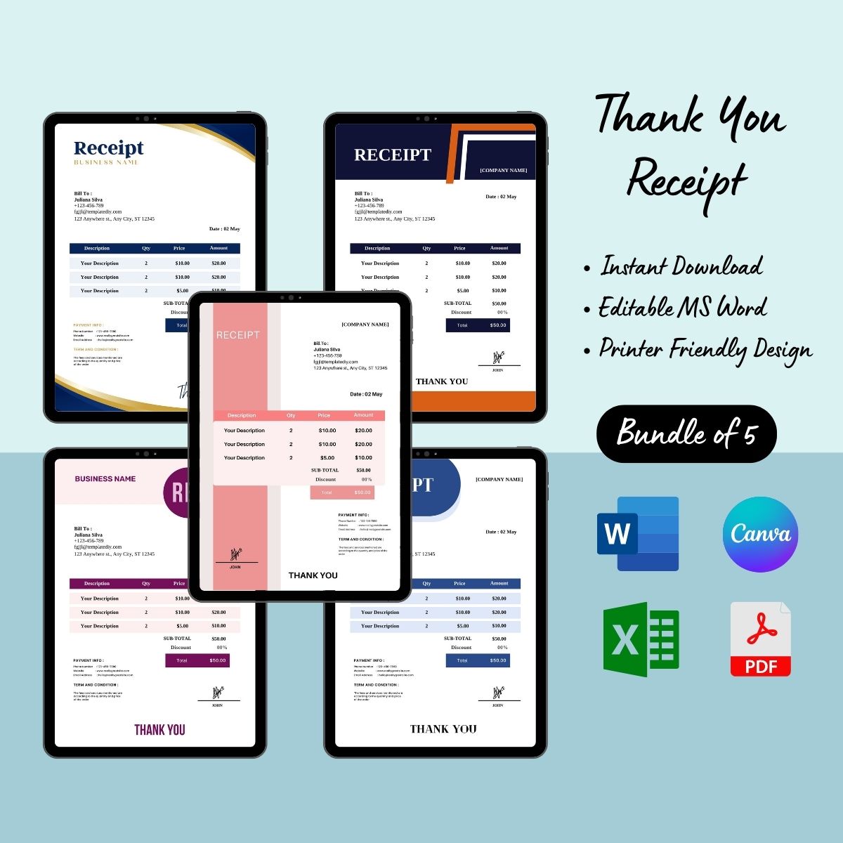 Thank You Receipt Template Blank Printable PDF, Excel, Word