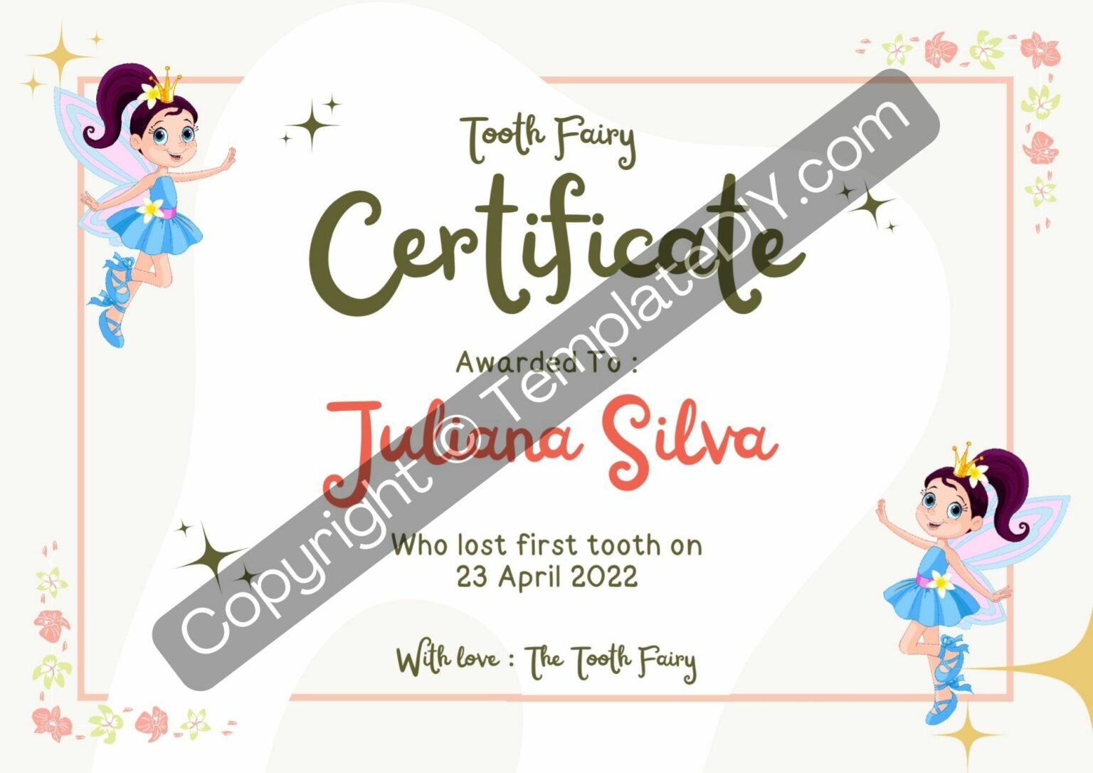 Tooth Fairy Certificate Template Blank Printable PDF, Word
