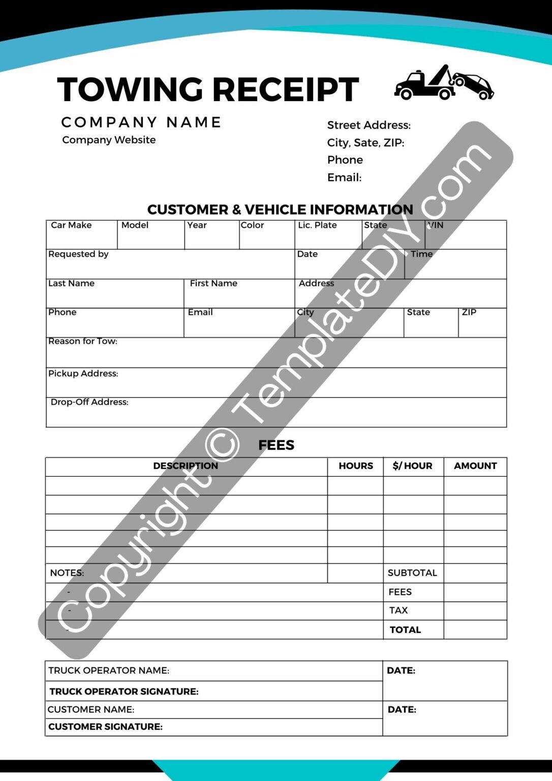 Tow Receipt Template Blank Printable in Pdf, Excel, Word