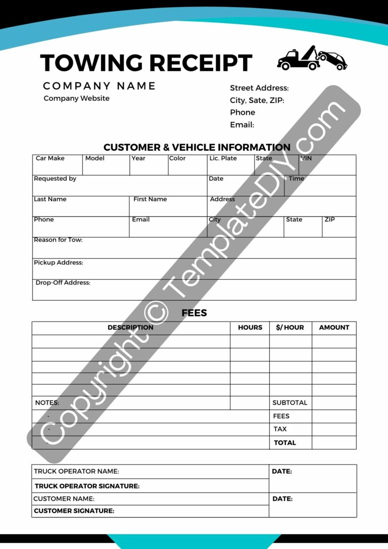 Tow Receipt Template Blank Printable in Pdf, Excel, Word
