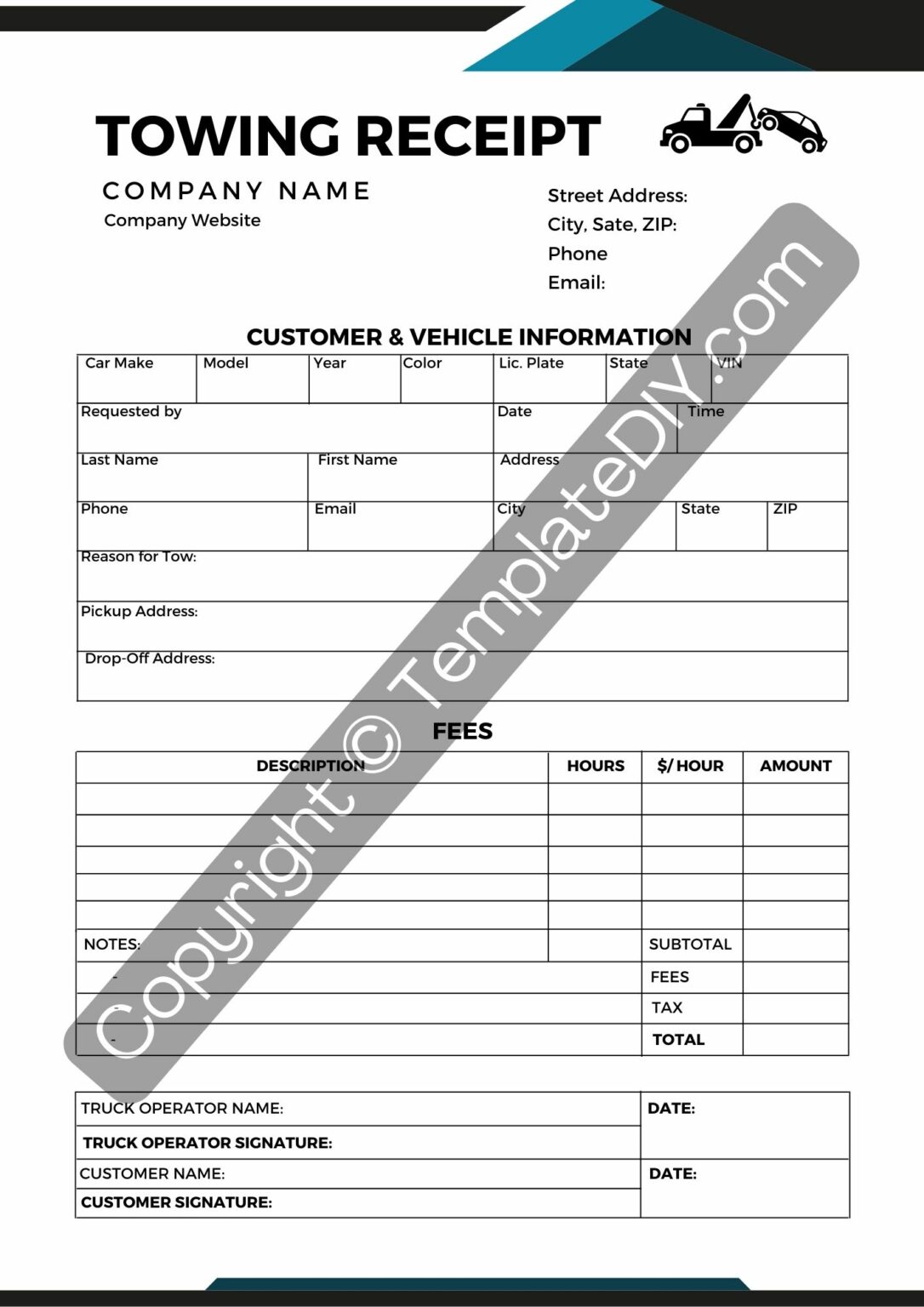 Tow Receipt Template Blank Printable in Pdf, Excel, Word
