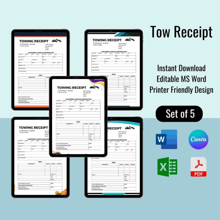 Tow Receipt Template Blank Printable in Pdf, Excel, Word
