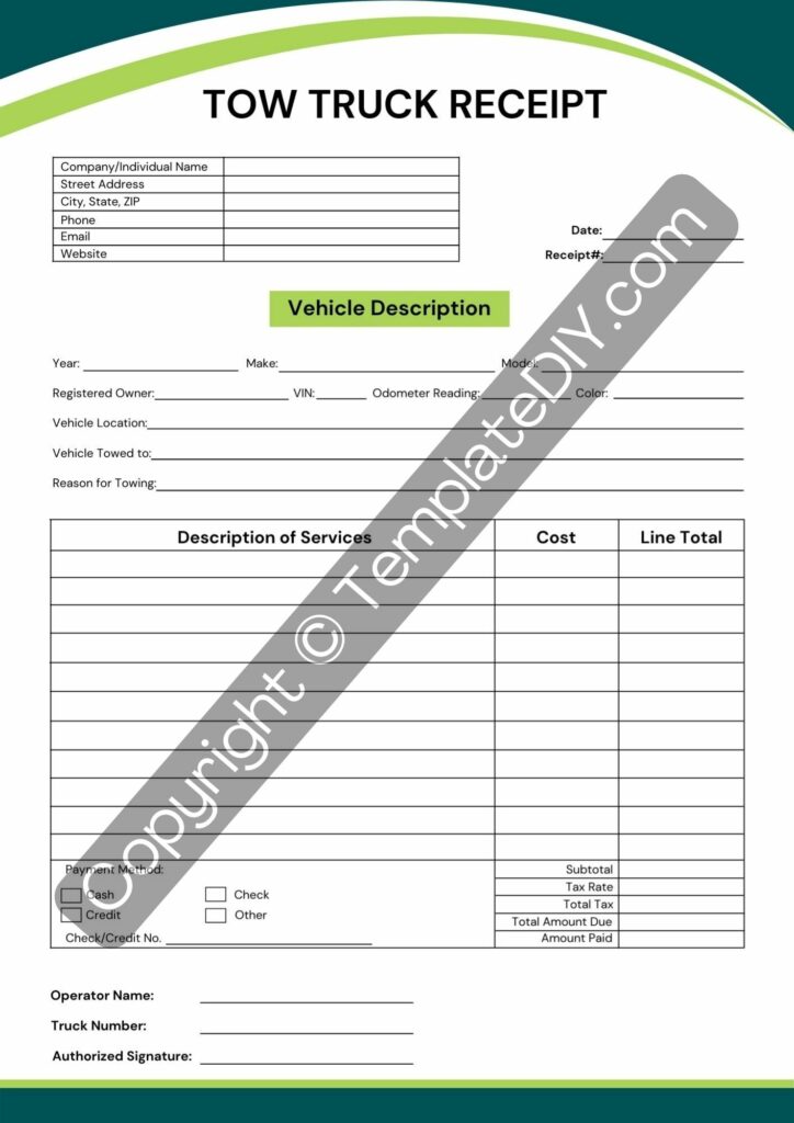 Tow Truck Receipt Template Blank Printable PDF, Excel, Word
