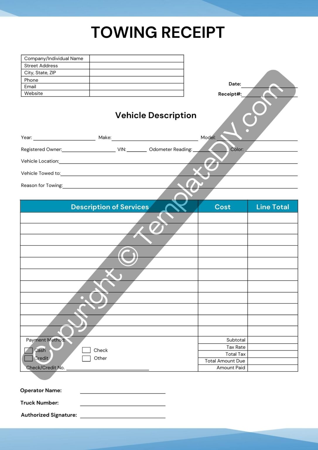Towing Receipt Template | Download Printable PDF & Word