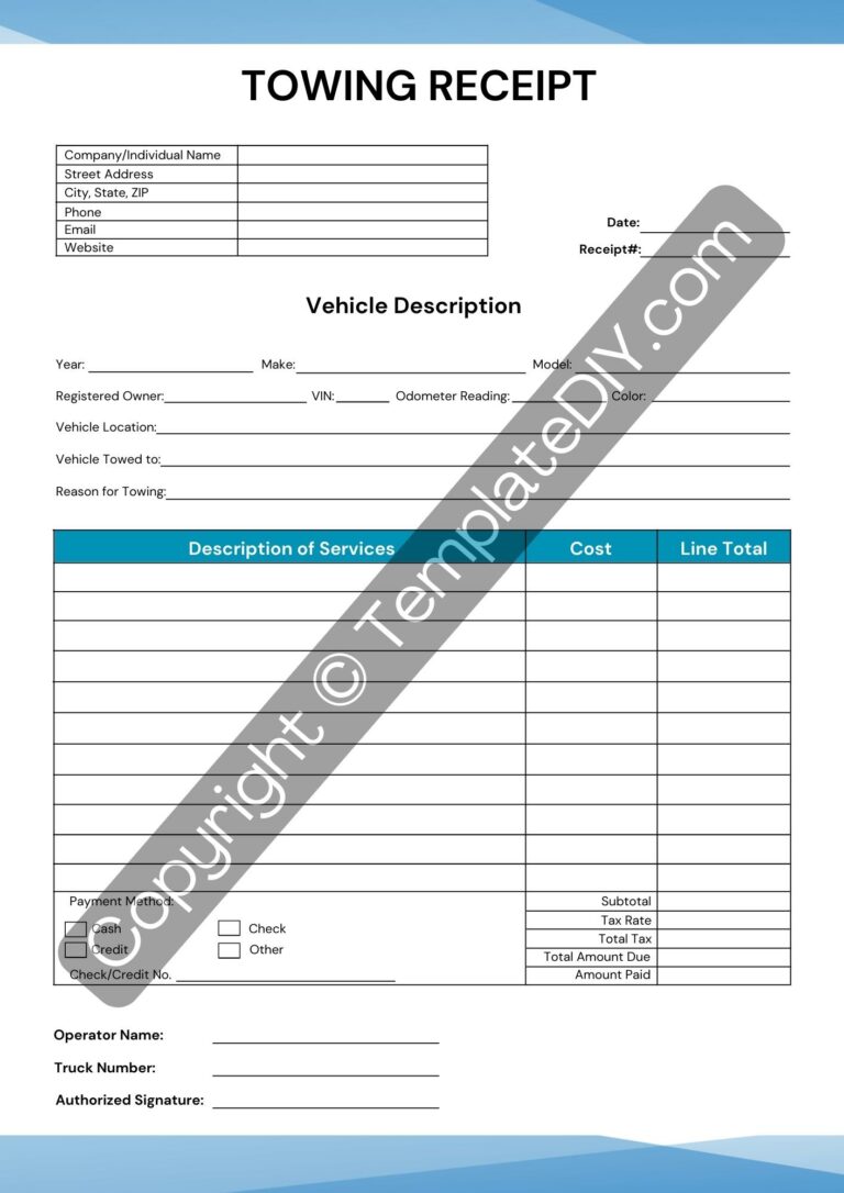 Towing Receipt Template | Download Printable PDF & Word