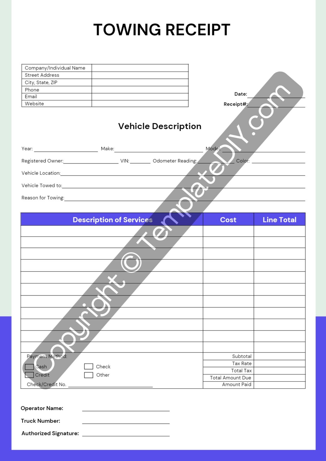 Towing Receipt Template | Download Printable PDF & Word
