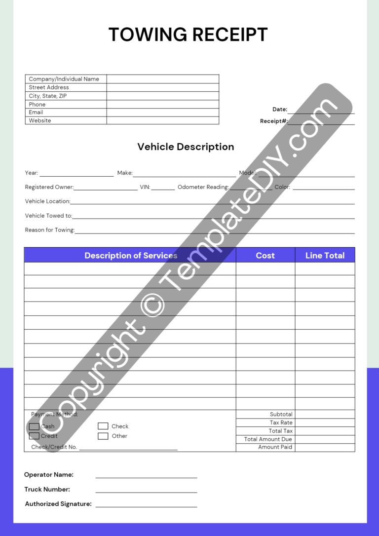 Towing Receipt Template | Download Printable PDF & Word