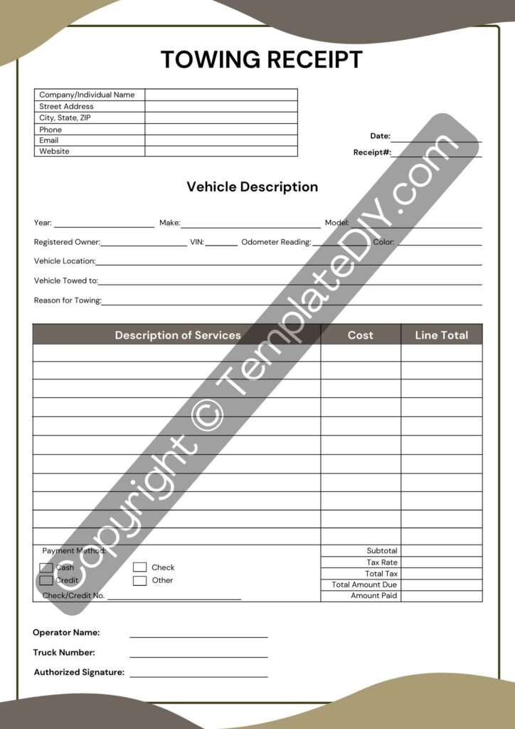 Towing Receipt Template | Download Printable PDF & Word