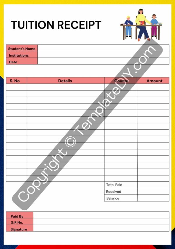 Tuition Receipt Template Blank Printable PDF, Excel, Word