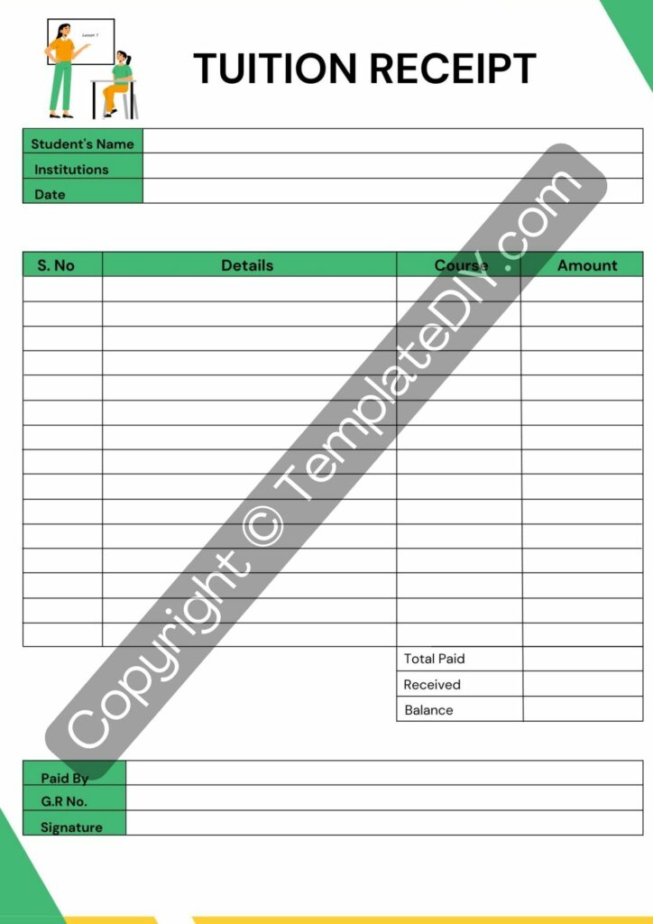 Tuition Receipt Template Blank Printable PDF, Excel, Word
