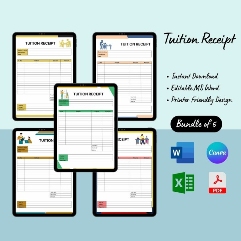 Tuition Receipt Template Blank Printable PDF, Excel, Word