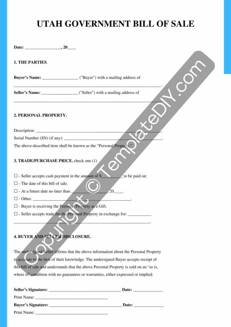 Utah Gov Bill of Sale Form Template Printable PDF, Word