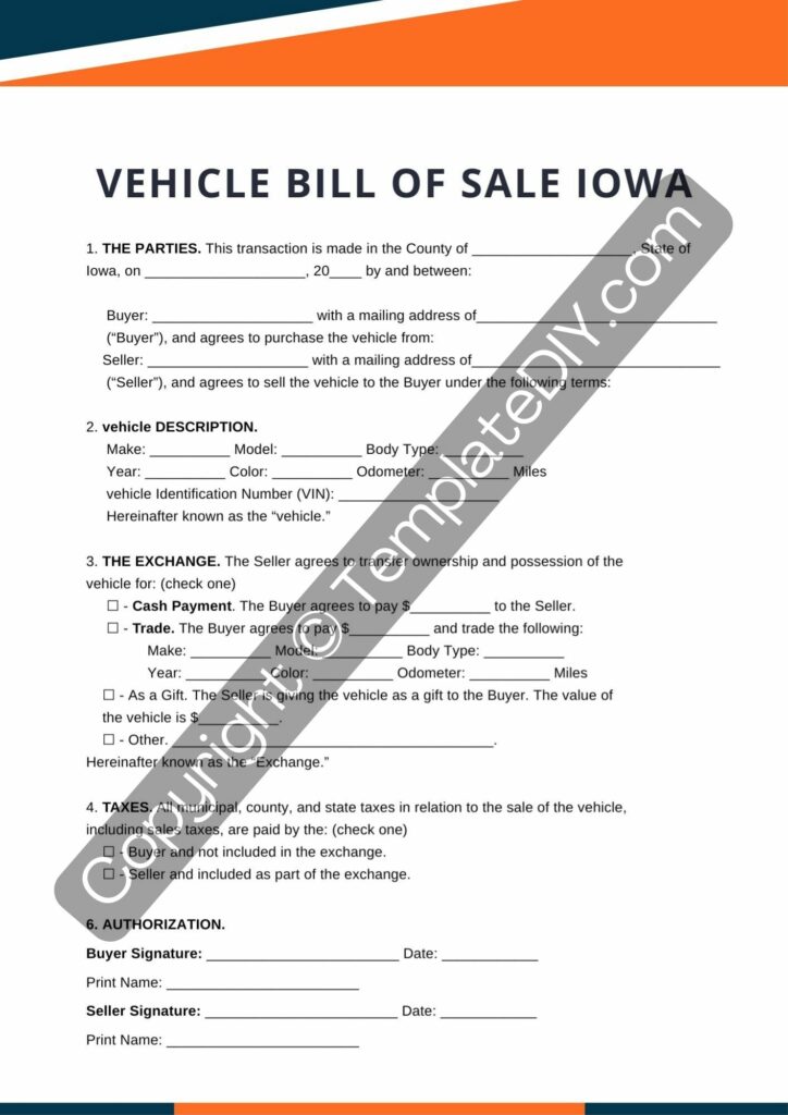 Vehicle Bill of Sale Iowa Form Template Blank PDF, Word