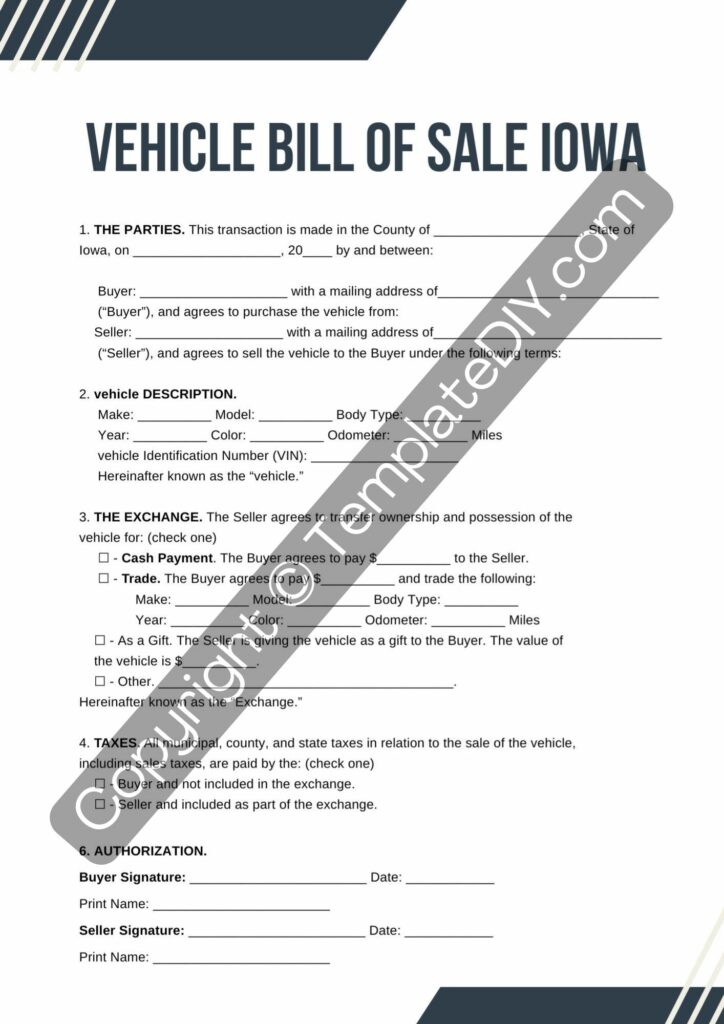 Vehicle Bill of Sale Iowa Form Template Blank PDF, Word