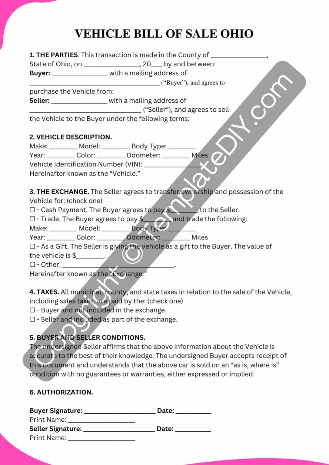Vehicle Bill of Sale Ohio [OH] Form Template PDF, Word