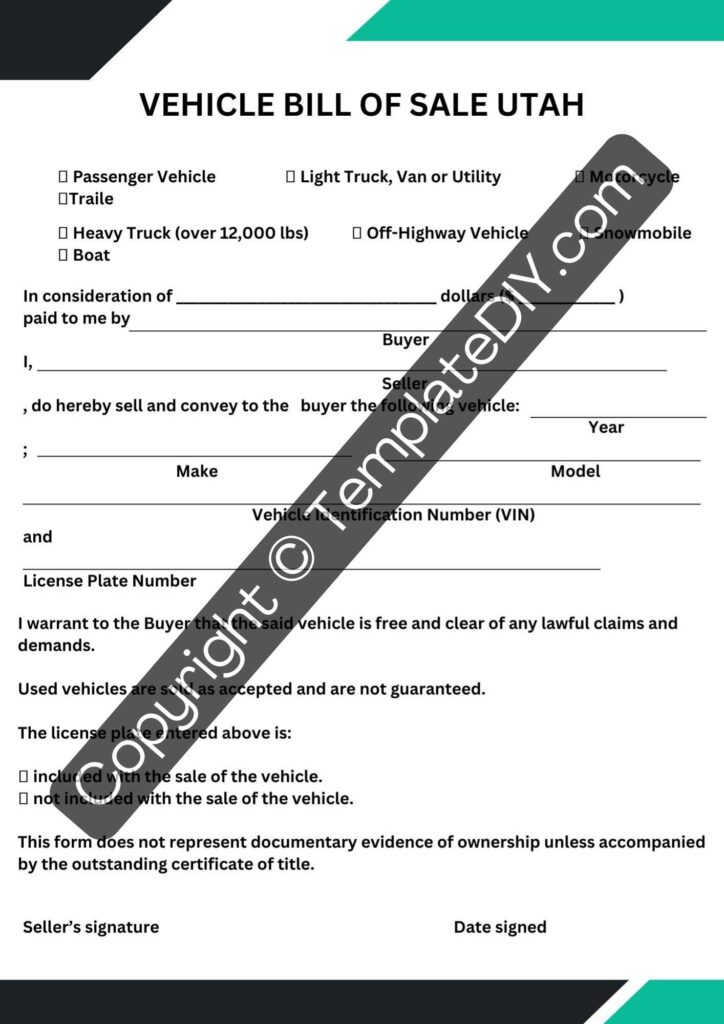Vehicle Bill of Sale Utah [UT] Form Template PDF, Word