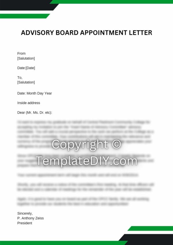 Advisory Board Appointment Letter Sample Template [Pdf Word]