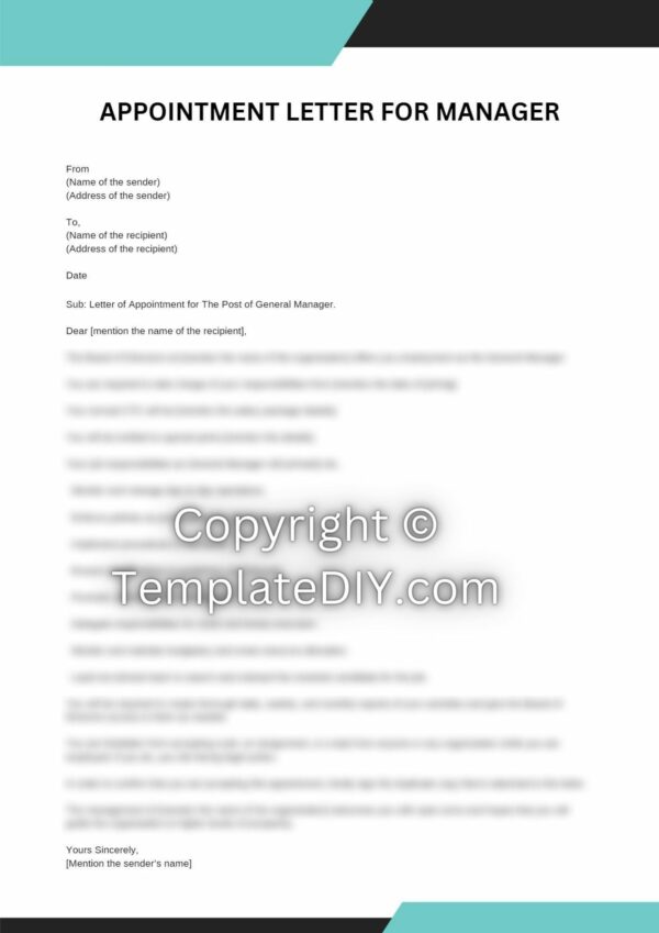 Appointment Letter for Manager Sample and Examples [Word]