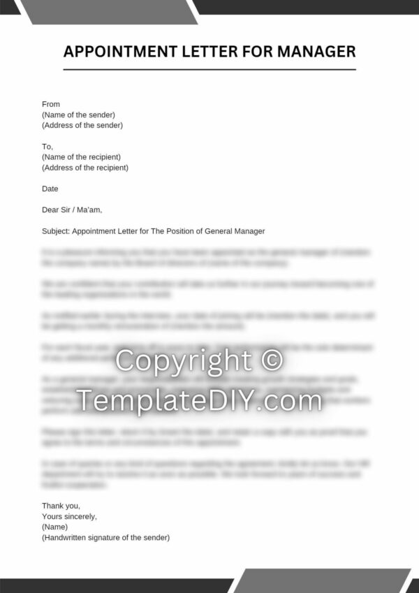 Appointment Letter for Manager Sample and Examples [Word]